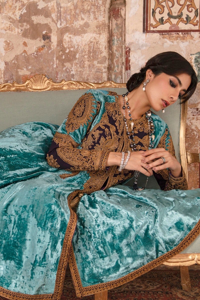 Sana Safinaz Turquoise Blue Velvet Pakistani Suit – V221-005-CL | Winter Party Wear – YourLibaas