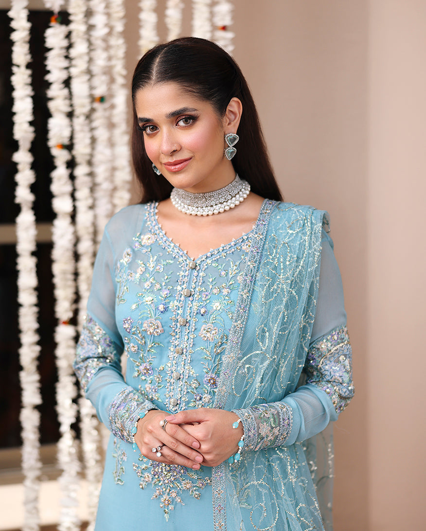 Roheenaz Wafa Turquoise Blue Pakistani Suit | Embroidered Chiffon ...