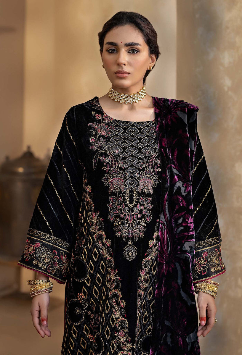 Adan's Libas Black Velvet Embroidered Pakistani Suit with Shawl ...