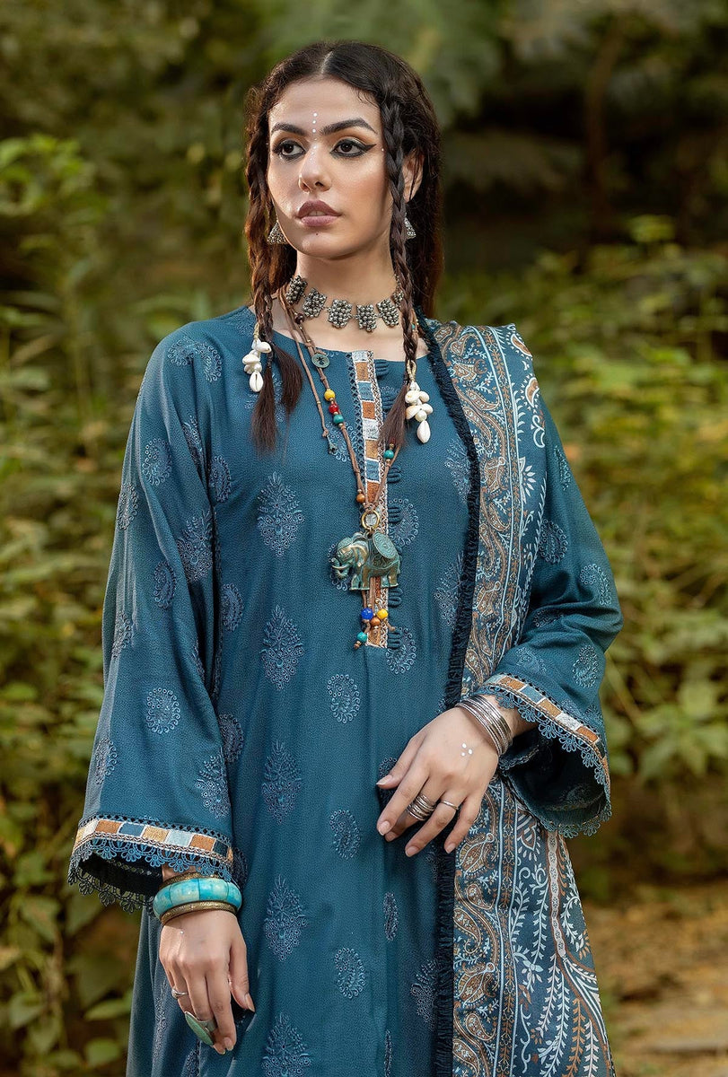 Adan's Libas Teal Pakistani Khaddar Suit with Corduroy Shawl | Winter ...