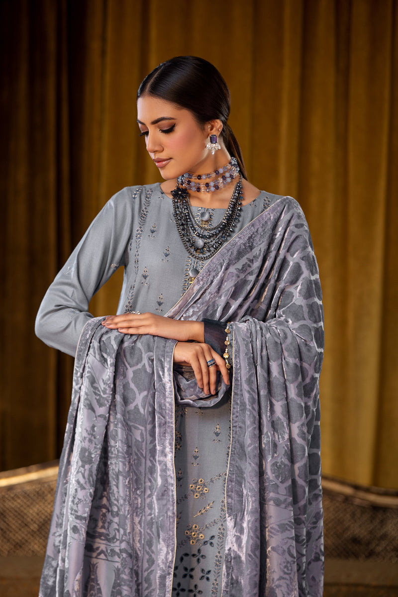 Grey Embroidered Wool Pakistani Suit with Palachi Shawl | Winter Formal ...