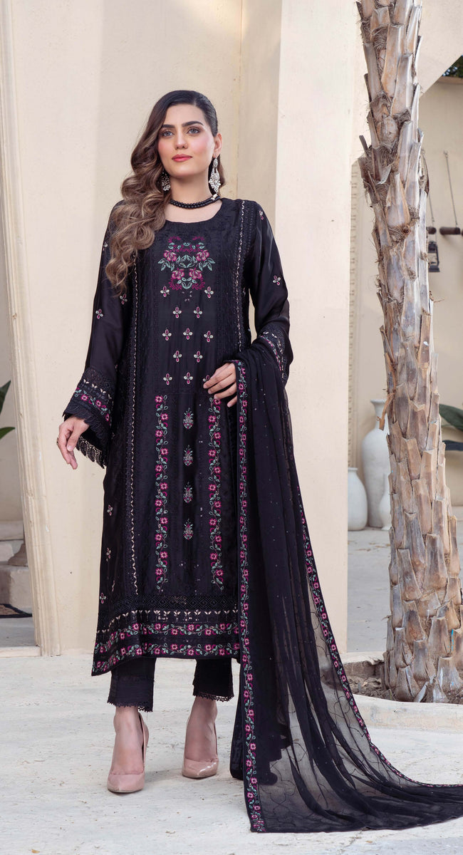 Inara Black Shamooz Silk Pret/Stitched Pakistani Suit D-05 - Perfect ...